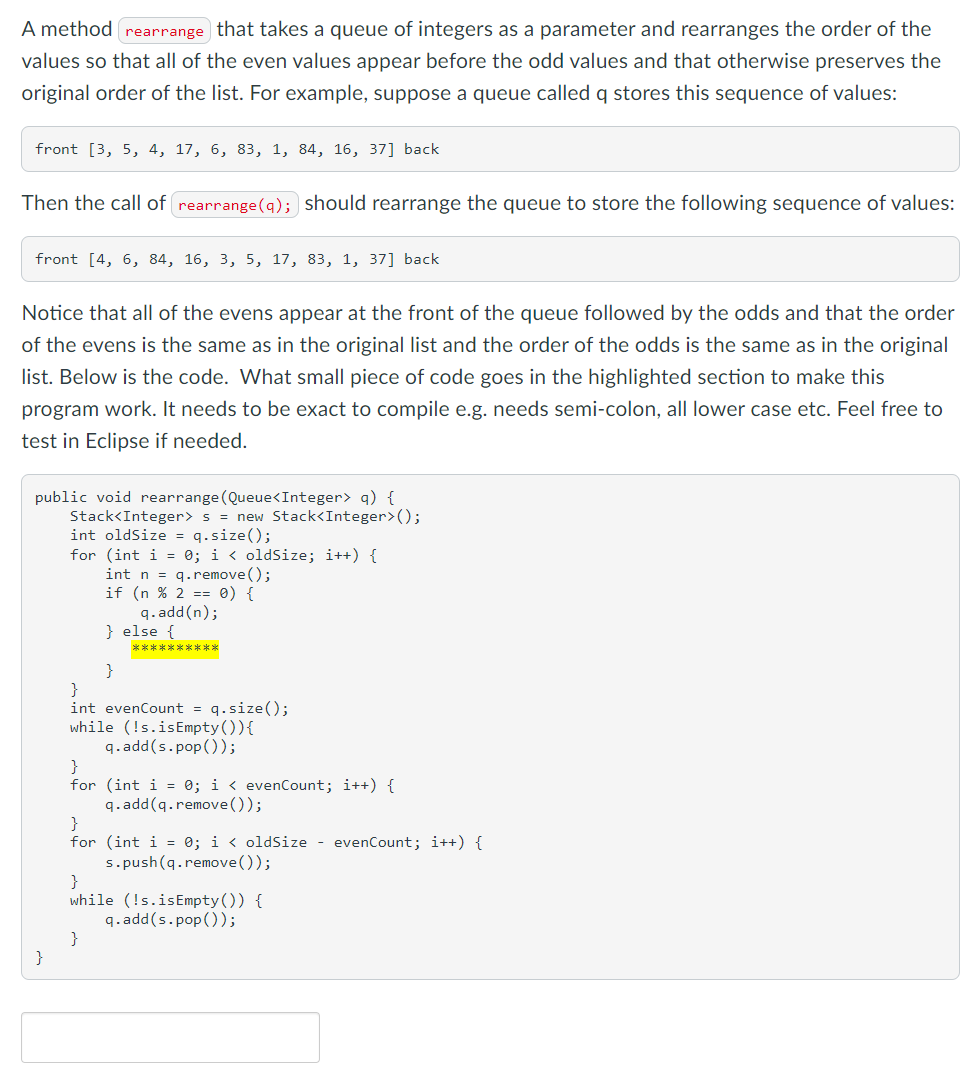 Solved A method rearrange that takes a queue of integers as | Chegg.com