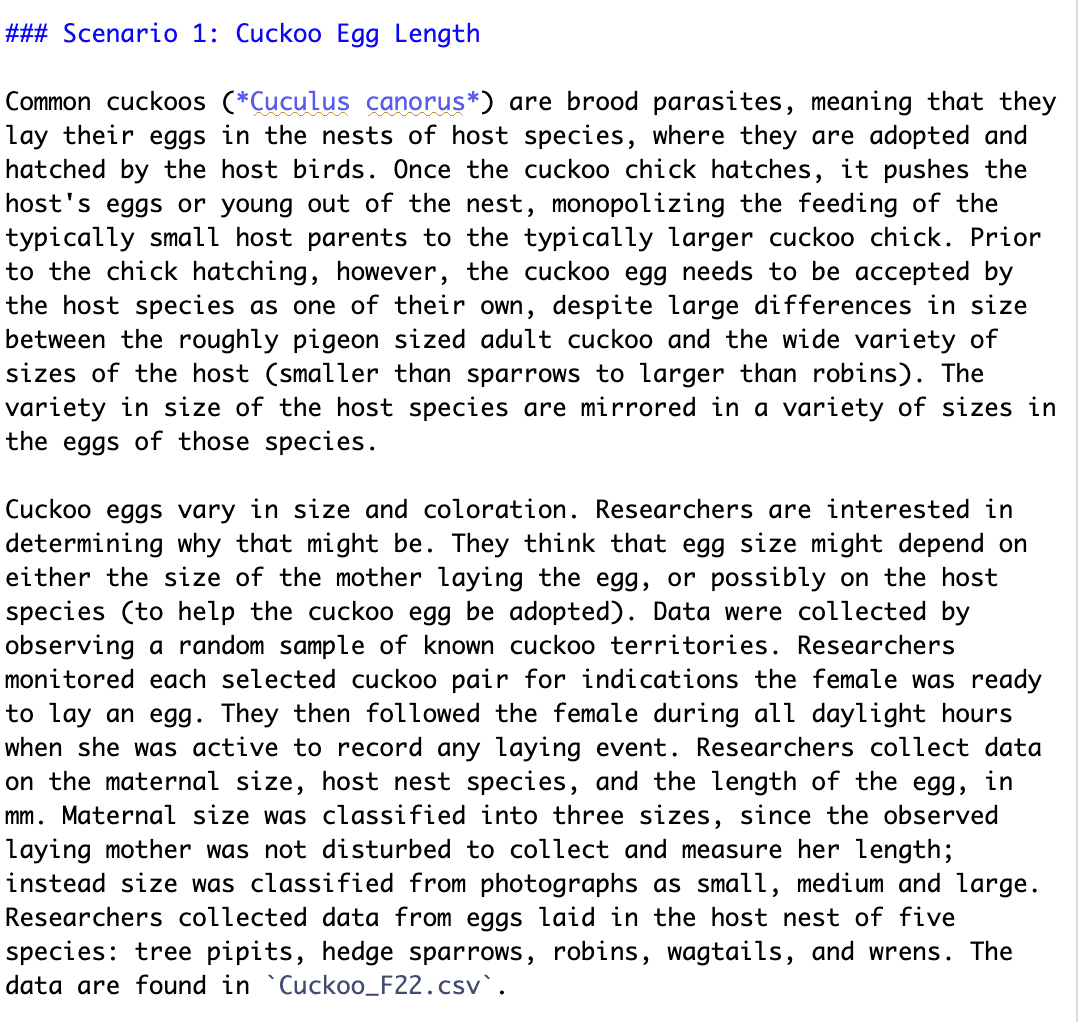 Scenario 1: Cuckoo Egg Length Common cuckoos | Chegg.com