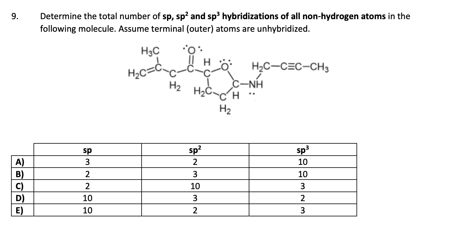 Solved 9. Determine the total number of sp, sp2 and sp3 | Chegg.com