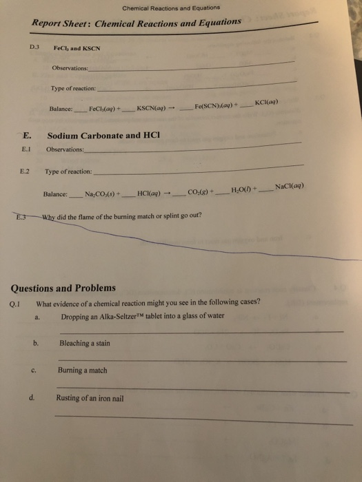 Solved Chemical Reactions and Equations Report Sheet: | Chegg.com