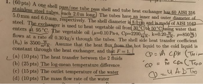 Solved A one shell pass/one tube pass shell and tube heat | Chegg.com
