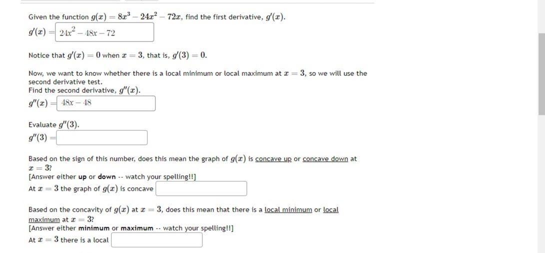 Solved Given the function g(x)=8x3-24x2-72x, ﻿find the first | Chegg.com