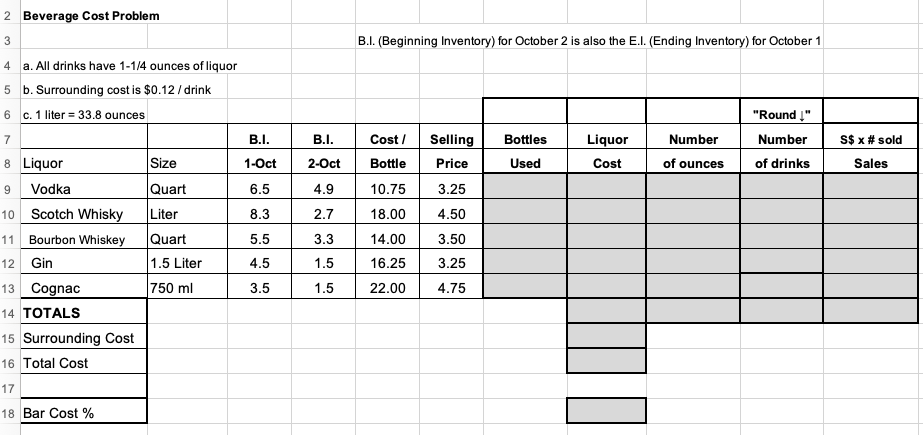 Solved 2 Beverage Cost Problem 3 B.I. (Beginning Inventory) | Chegg.com
