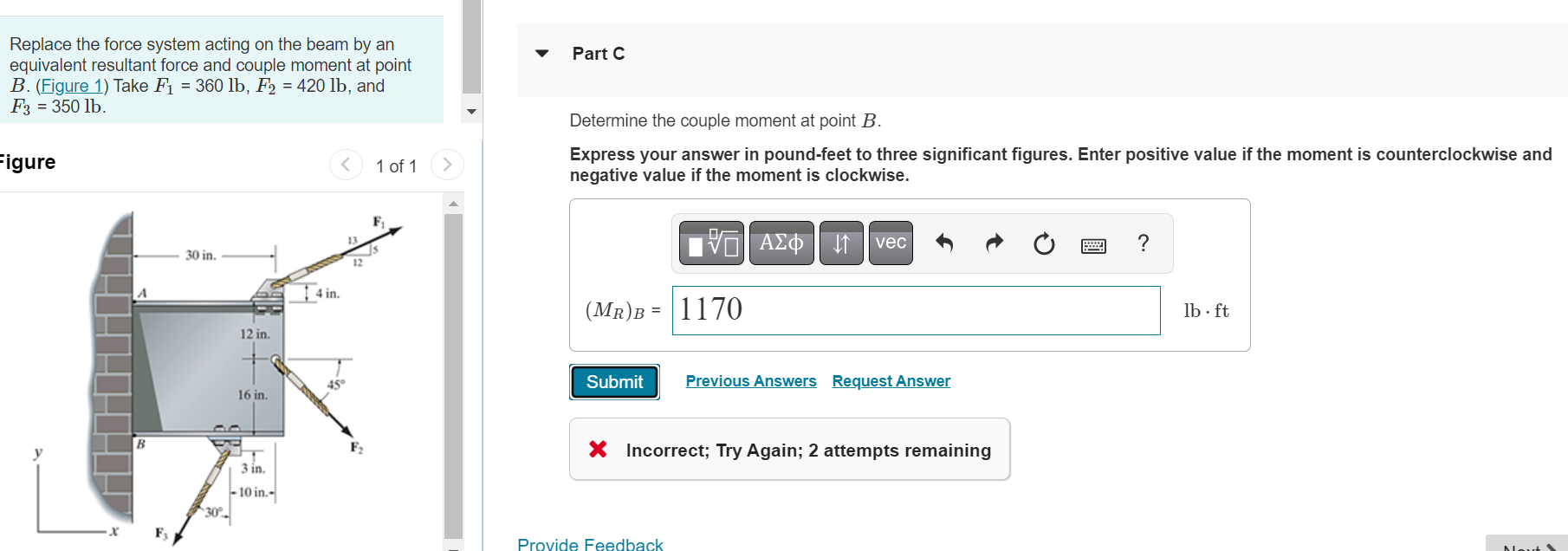 Solved Replace the force system acting on the beam by an | Chegg.com