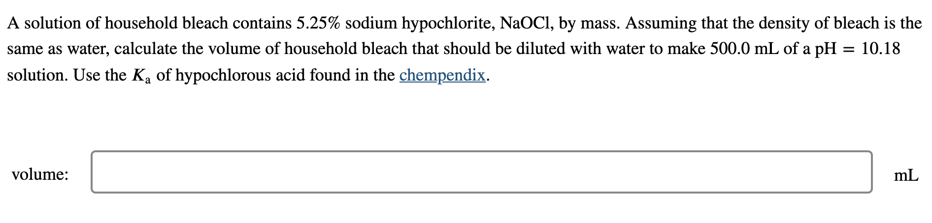 Solved A solution of household bleach contains 5.25% sodium | Chegg.com
