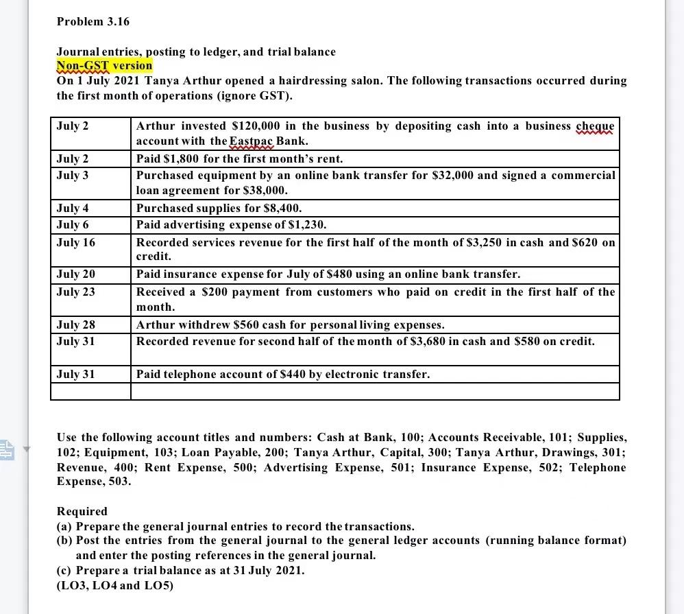 Solved Problem 3.16 Journal entries, posting to ledger, and | Chegg.com