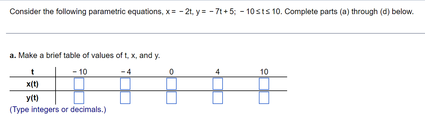 Solved Consider the following parametric equations, x = −2t, | Chegg.com