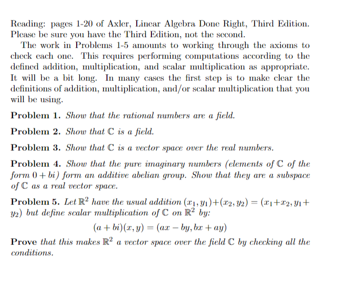 Solved Reading: pages 1-20 of Axler, Linear Algebra Done | Chegg.com