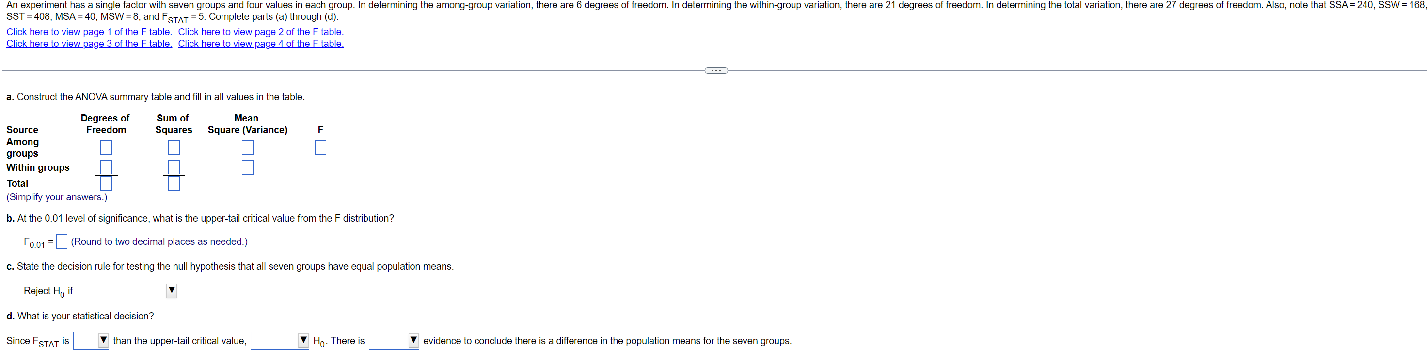 Solved a. Construct the ANOVA summary table and fill in all | Chegg.com