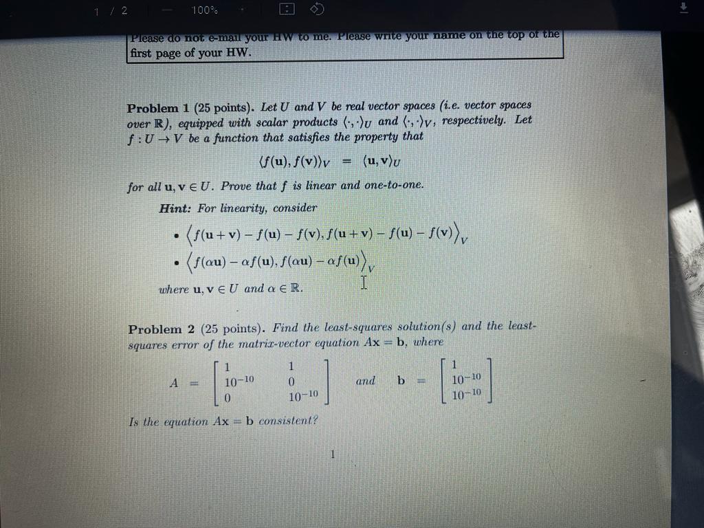 Solved first page of your HW. Problem 1 (25 points). Let U | Chegg.com