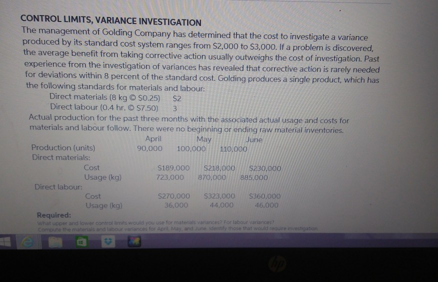 CONTROL LIMITS, VARIANCE INVESTIGATION The management | Chegg.com
