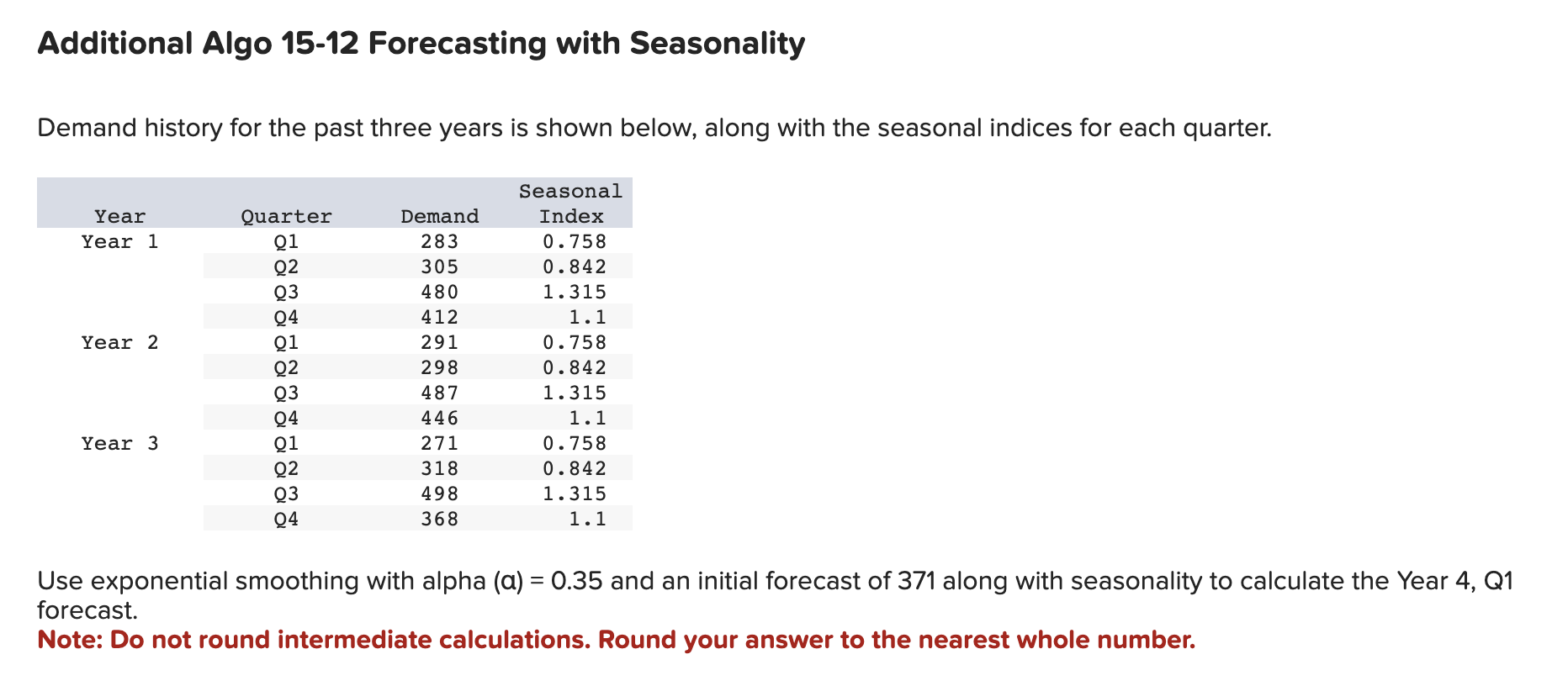 Solved Additional Algo 15-12 Forecasting with Seasonality | Chegg.com