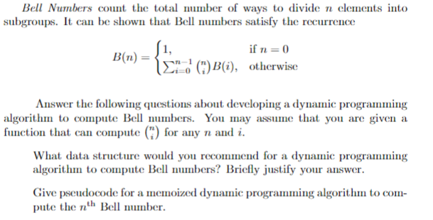 Bell Numbers count the total number of ways to divide | Chegg.com