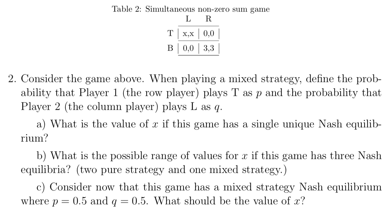 Solved Table 2: Simultaneous non-zero sum game L R T x,x | | Chegg.com