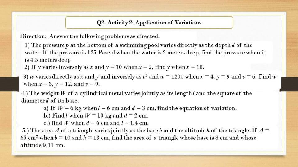 Solved Q2. Activity 2: Application of Variations Direction: | Chegg.com