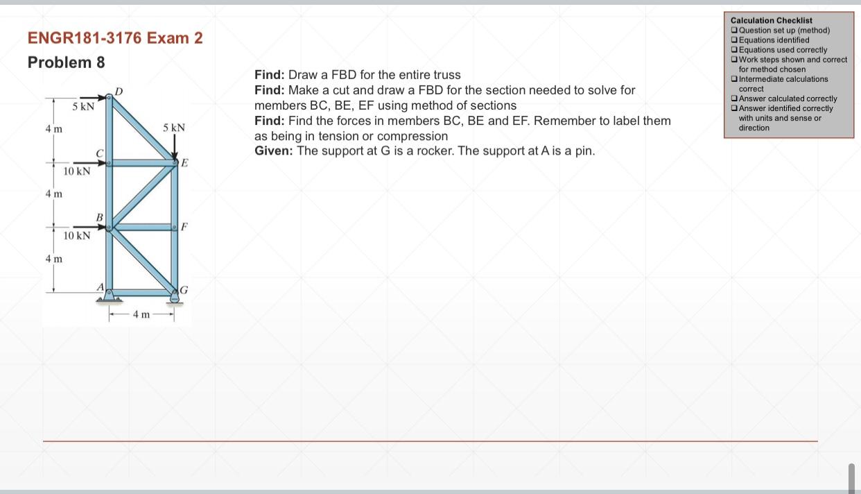 Solved ENGR181-3176 Exam 2 Problem 8 Calculation Checklist | Chegg.com