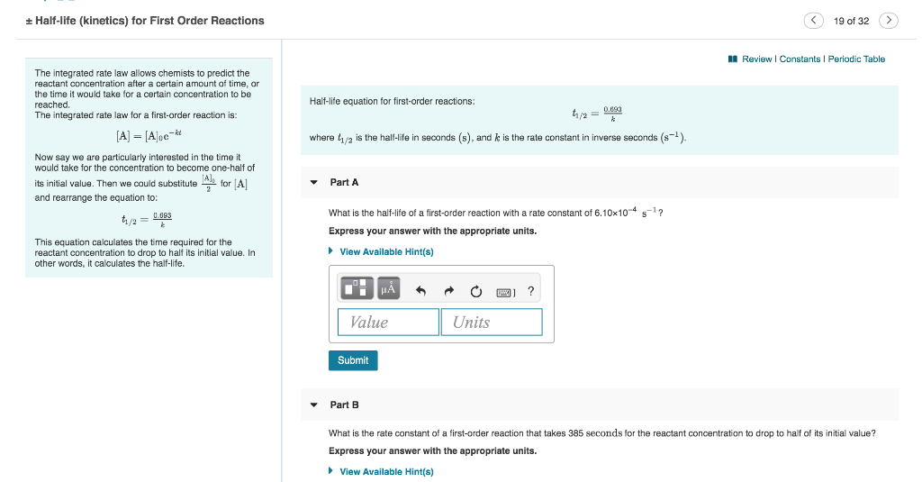 Solved Half-life (kinetics) for First Order Reactions 19 of | Chegg.com