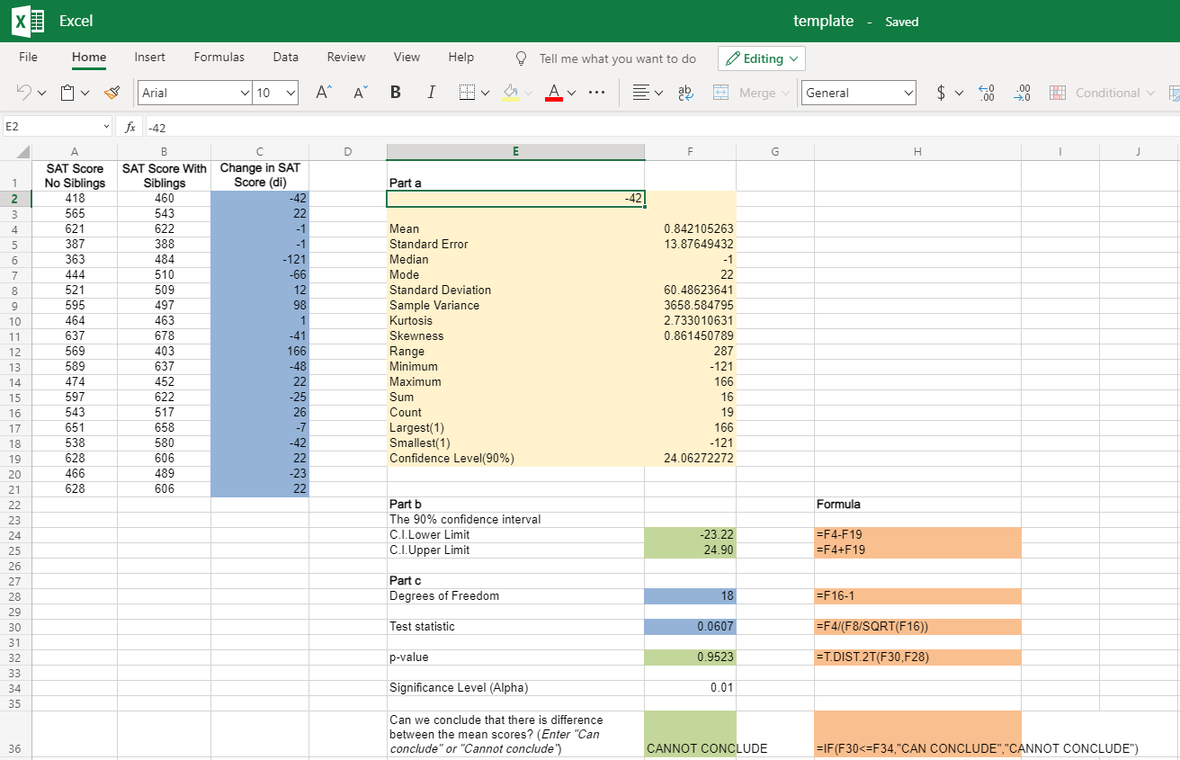Solved X Excel template Saved File Home Insert Formulas Data | Chegg.com