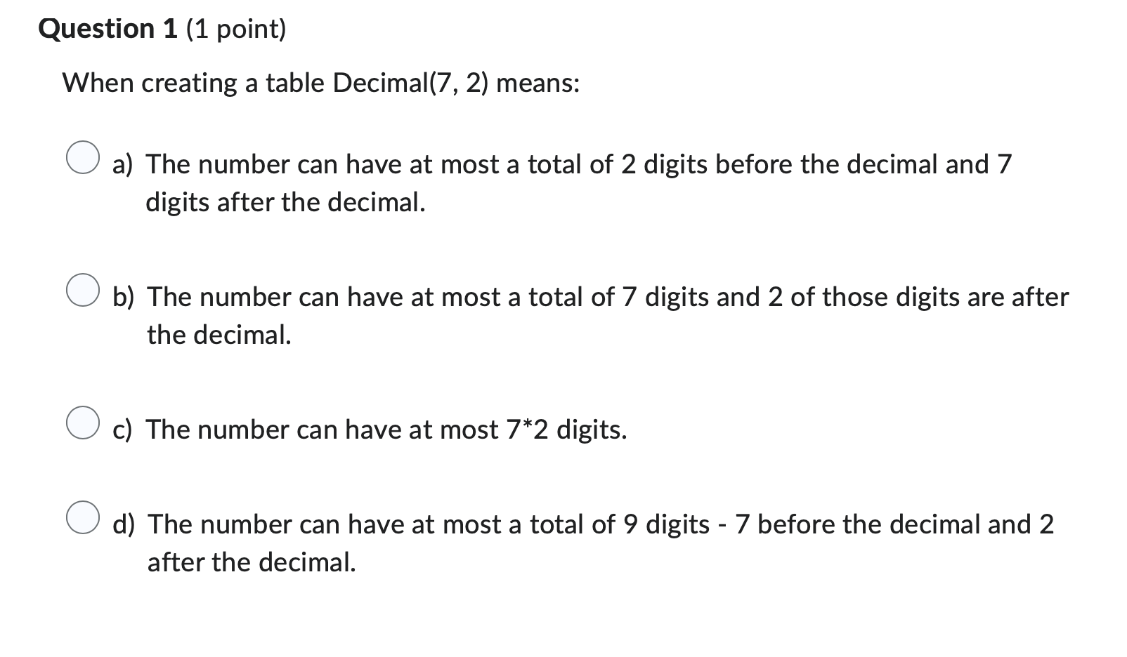 Solved When creating a table Decimal (7,2) means: a) The | Chegg.com