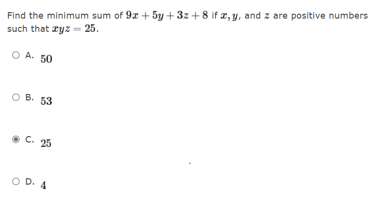 Solved Find the minimum sum of 9x + 5y + 3z + 8 if x, y, and | Chegg.com