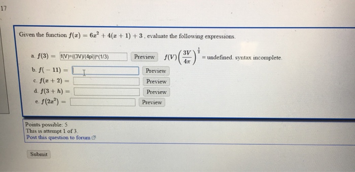 Solved Given the function f(x) = 6x^2 + 4(x + 1) + 3. | Chegg.com