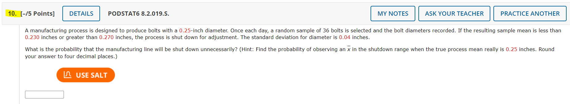 Solved 0.230 inches or greater than 0.270 inches, the | Chegg.com