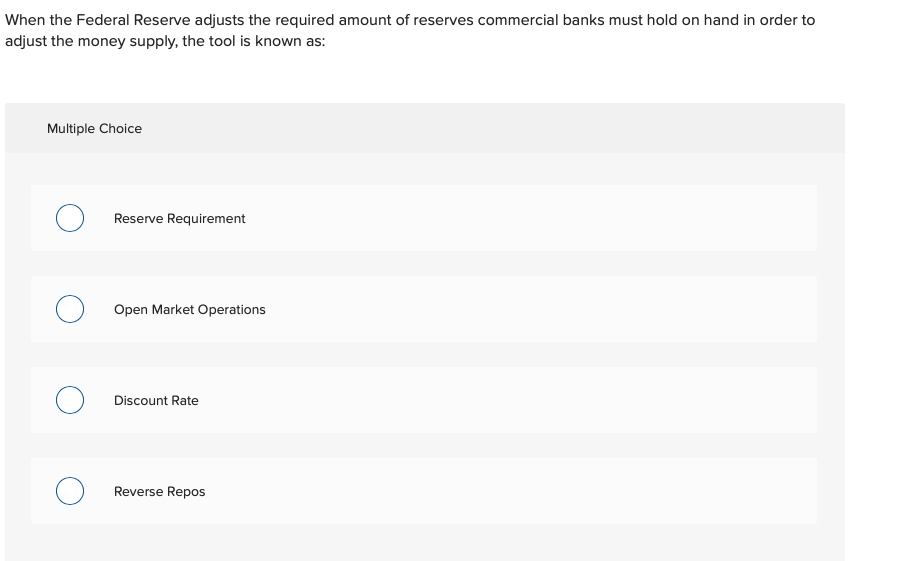 Solved When the Federal Reserve adjusts the required amount | Chegg.com