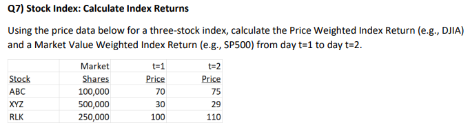 Solved Q7) Stock Index: Calculate Index Returns Using the | Chegg.com