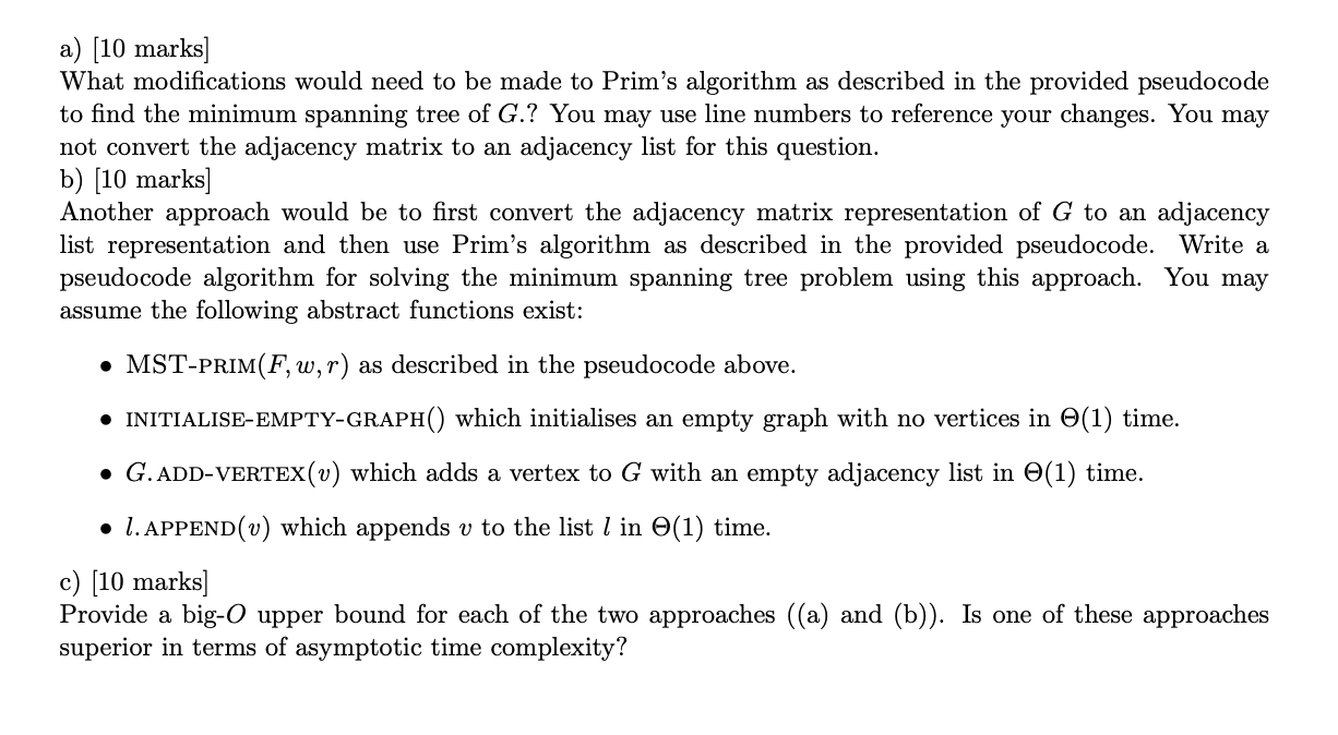 Question 5 [30 marks] Prim's algorithm (with | Chegg.com