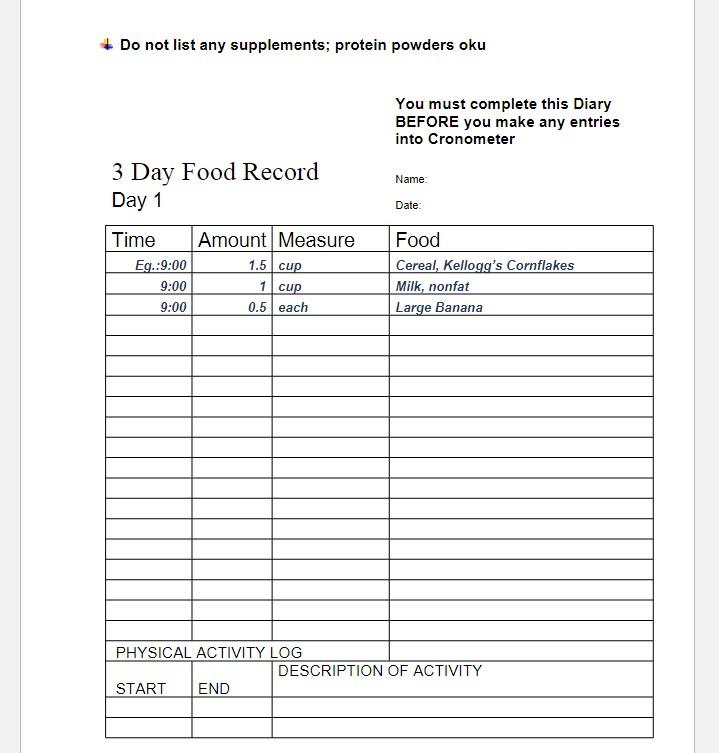 Record everything you eat and drink for 3 days, | Chegg.com