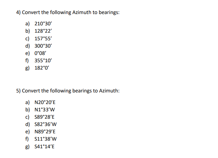 Solved Convert the following Azimuth to | Chegg.com