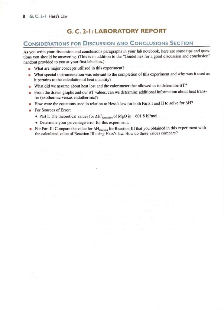 8 G. C. 2-1 Hess's Law G. C. 2-1: LABORATORY REPORT | Chegg.com