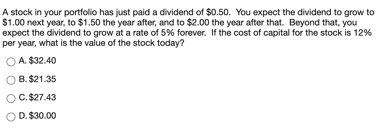 Solved A stock in your portfolio has just paid a dividend of | Chegg.com