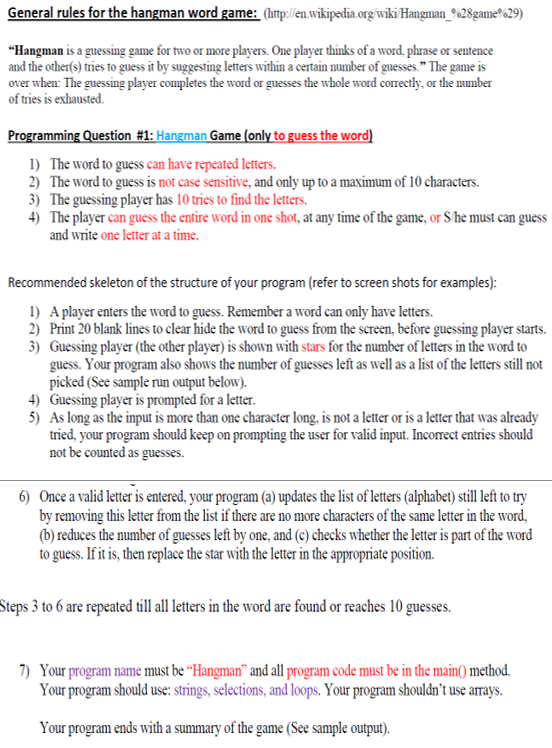 Solved General rules for the hangman word game: | Chegg.com