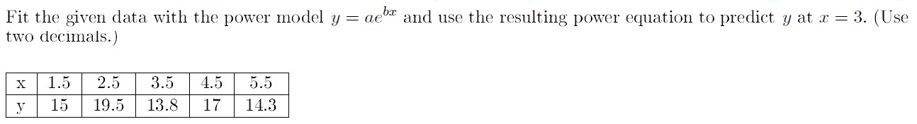 Solved Fit the given data with the power model y=aebx and | Chegg.com