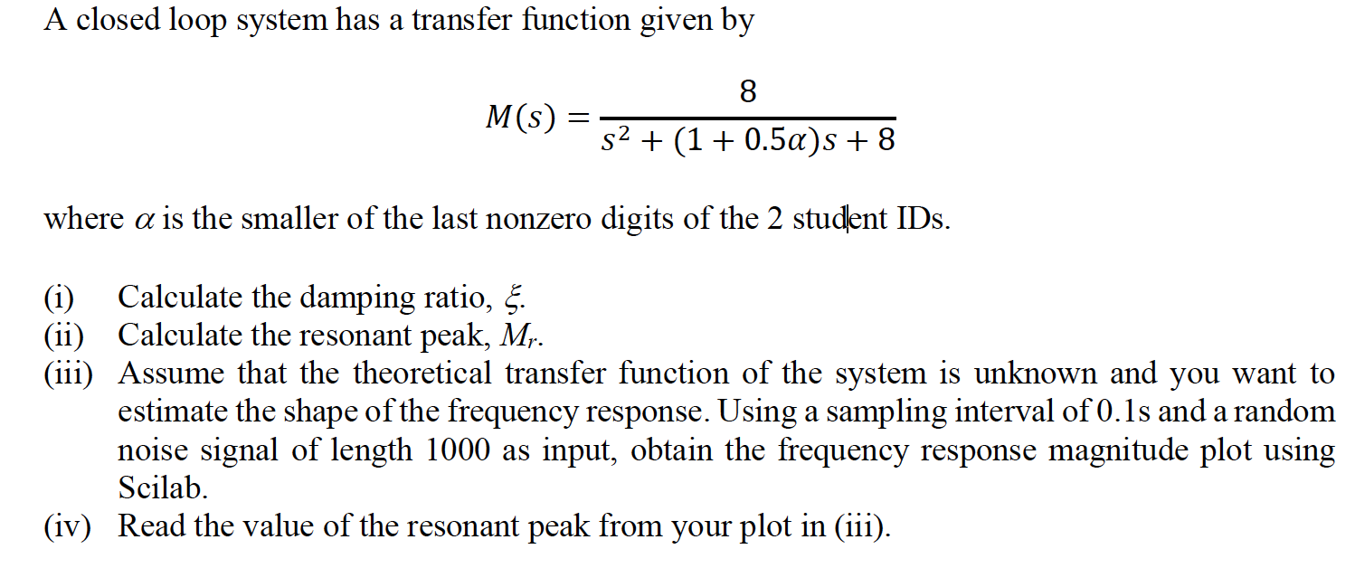 A closed loop system has a transfer function given by | Chegg.com
