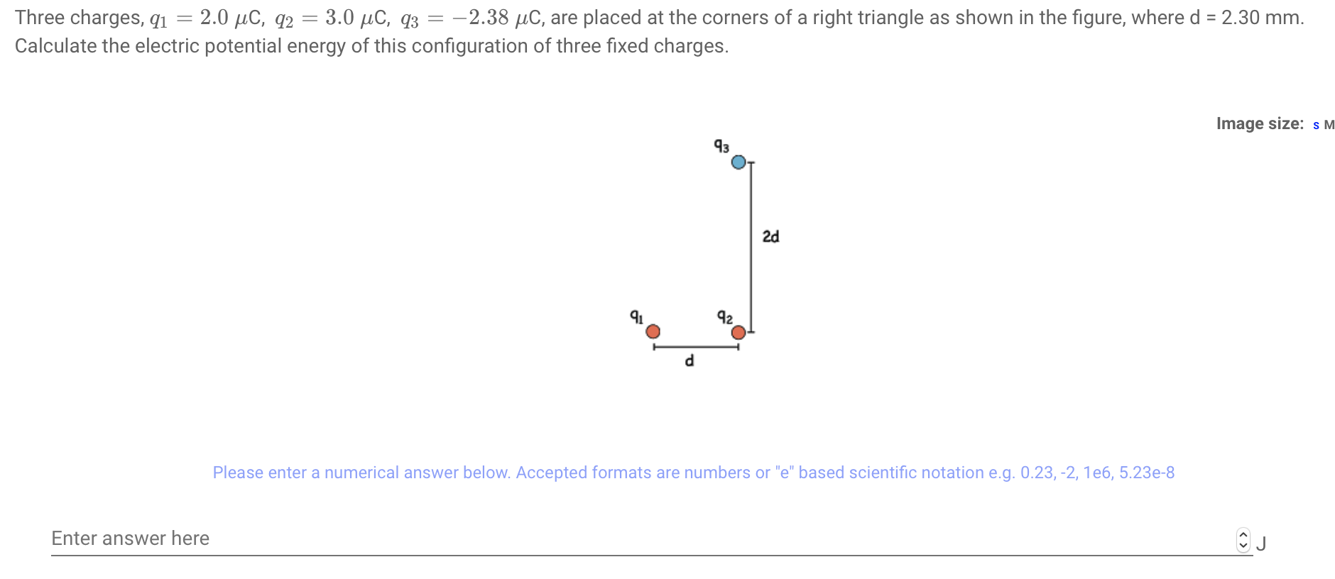 Solved Three charges, q1 = 2.0 uC, q2 = 3.0 uc, q3 = –2.38 | Chegg.com