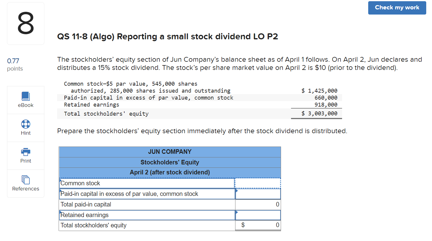 Solved QS 11-8 (Algo) Reporting a small stock dividend LO P2 | Chegg.com