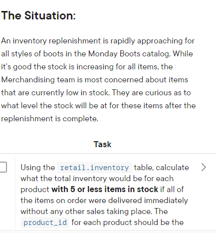Lesson 3 Math With SQL Retail.Inventory inventory_id | Chegg.com