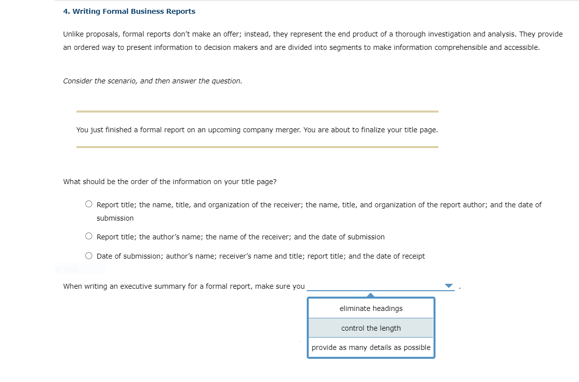 Solved 4. Writing Formal Business Reports Unlike proposals, | Chegg.com