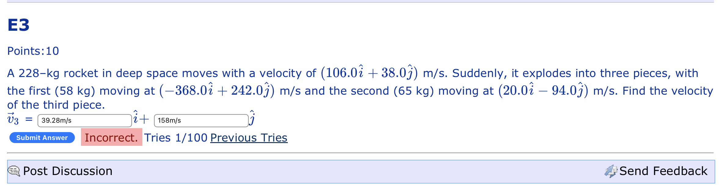 Solved A 228−kg rocket in deep space moves with a velocity | Chegg.com