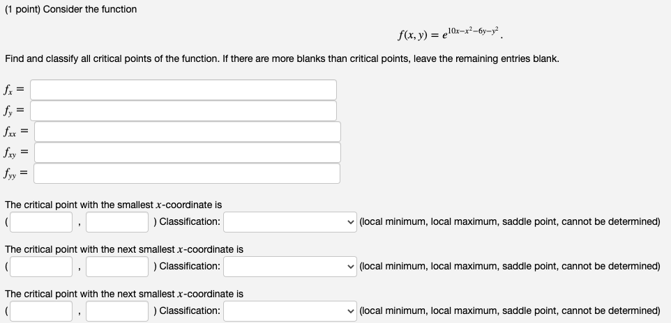 Solved (1 point) Consider the function f(x,y) = 10x=x2-6y-y2 | Chegg.com