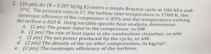 Solved Air (R = 0.287 kJ/kg. K) enters a simple Brayton | Chegg.com