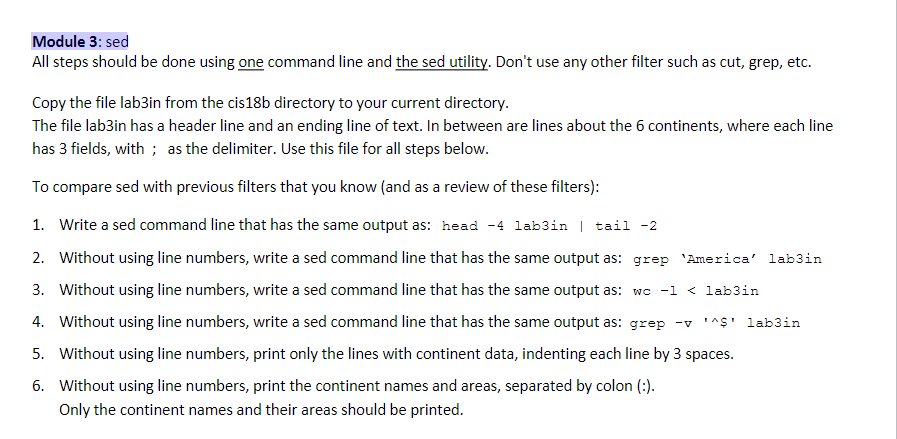 Solved Module 3: sed All steps should be done using one | Chegg.com