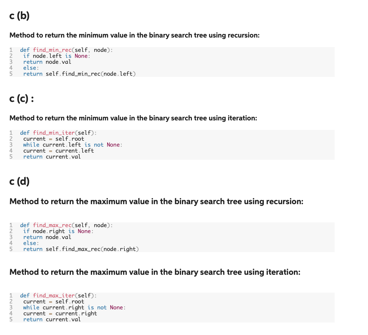 c (b) Method to return the minimum value in the | Chegg.com