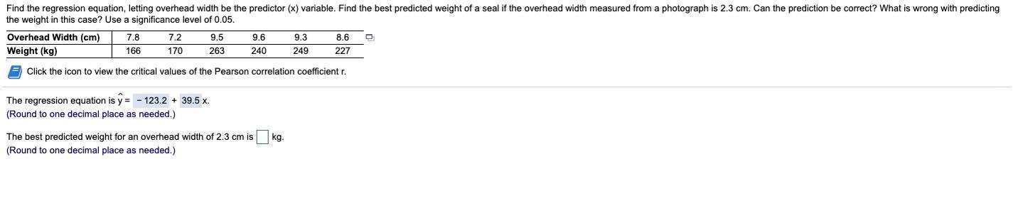 Solved Find the regression equation, letting overhead width | Chegg.com