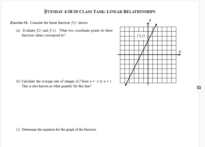 Solved TUESDAY 4/28/20 CLASS TASK: LINEAR RELATIONSHIPS | Chegg.com