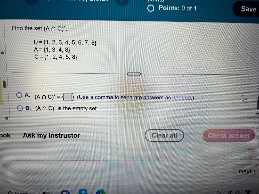 Solved Find the set (A∩C)′. | Chegg.com