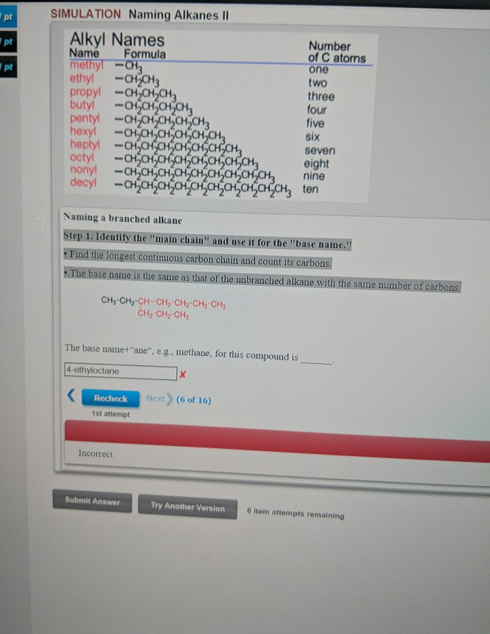 Solved SIMULATION Naming Alkanes II pt Alkyl Names Name | Chegg.com
