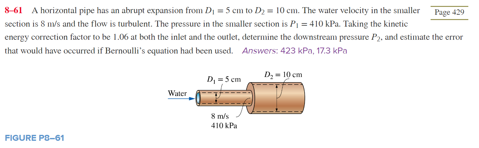 Solved 8-61 A horizontal pipe has an abrupt expansion from | Chegg.com